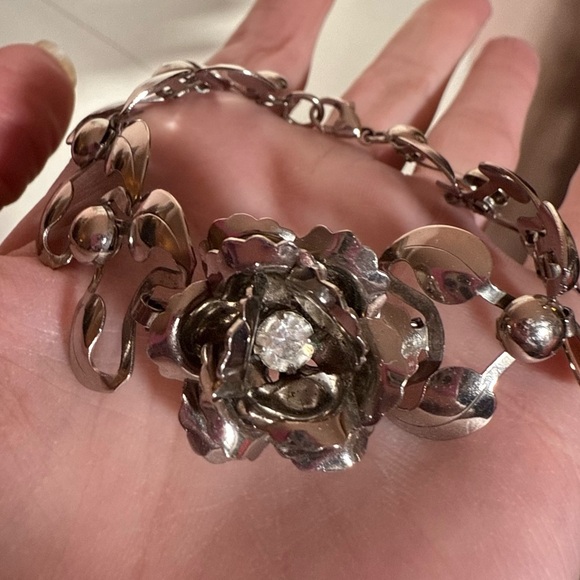 Antique | Jewelry | Silver Floral Rose Bracelet With Center Crystal ...